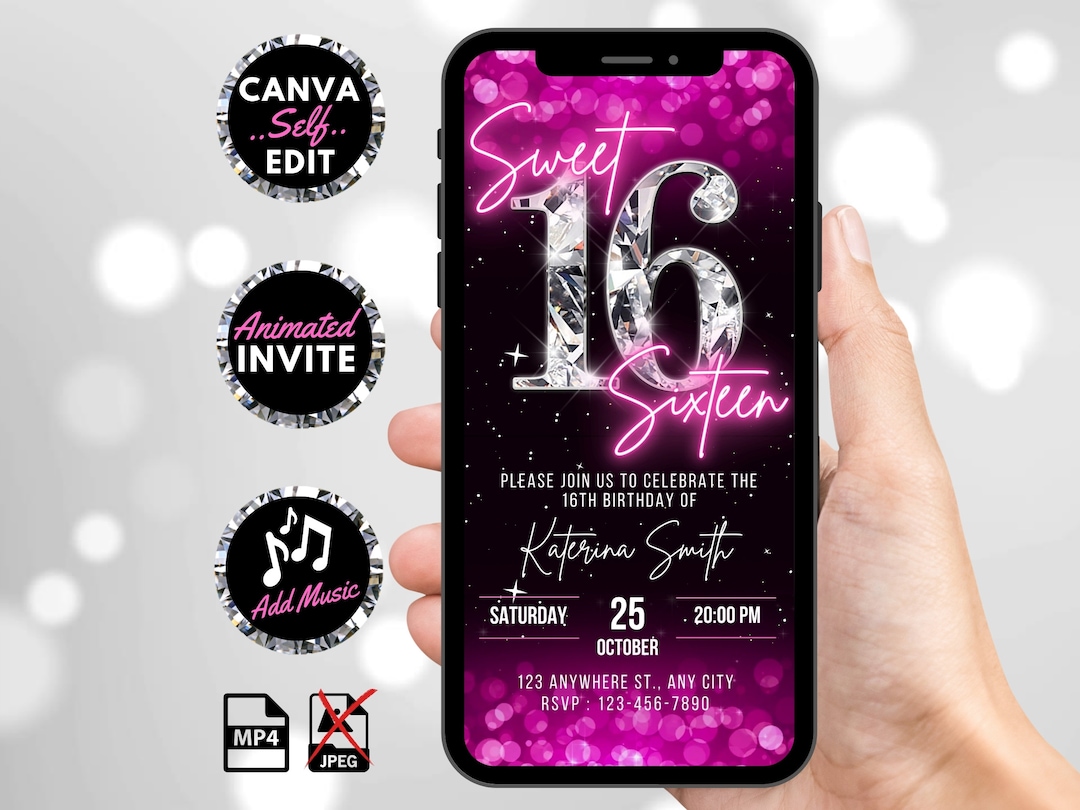 Digital Sweet Sixteen Invitation, Animated 16th Birthday Pink Invite ...