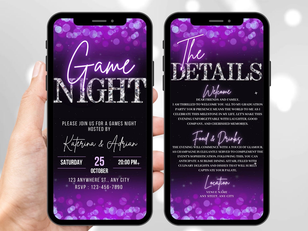 Digital Game Night Invitation, Animated Purple Fun Family Party Invite, Video Cards Adult Casino ...