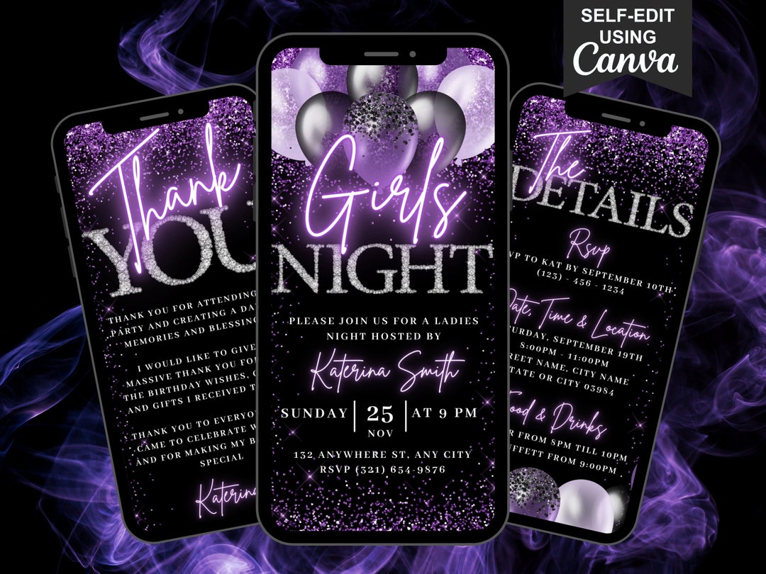 Digital Girls Night Out Invitation, Animated Fun Purple Birthday Invite ...