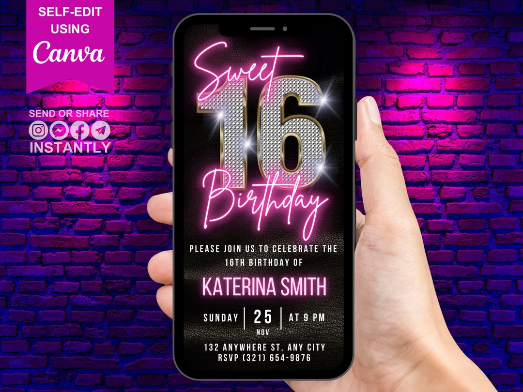 Digital Sweet 16 Birthday Invitation, Animated Sixteen Party Pink Glam ...
