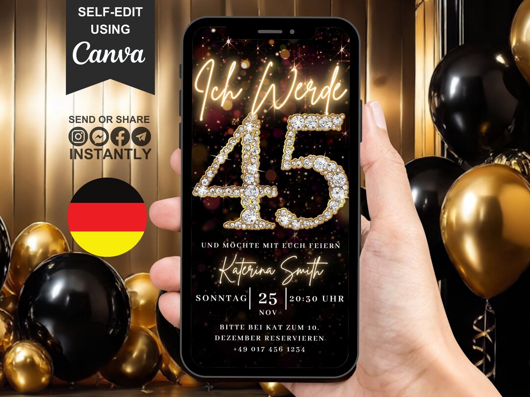 German Digital 45th Birthday Invitation, Animated Brunch Invite for ...