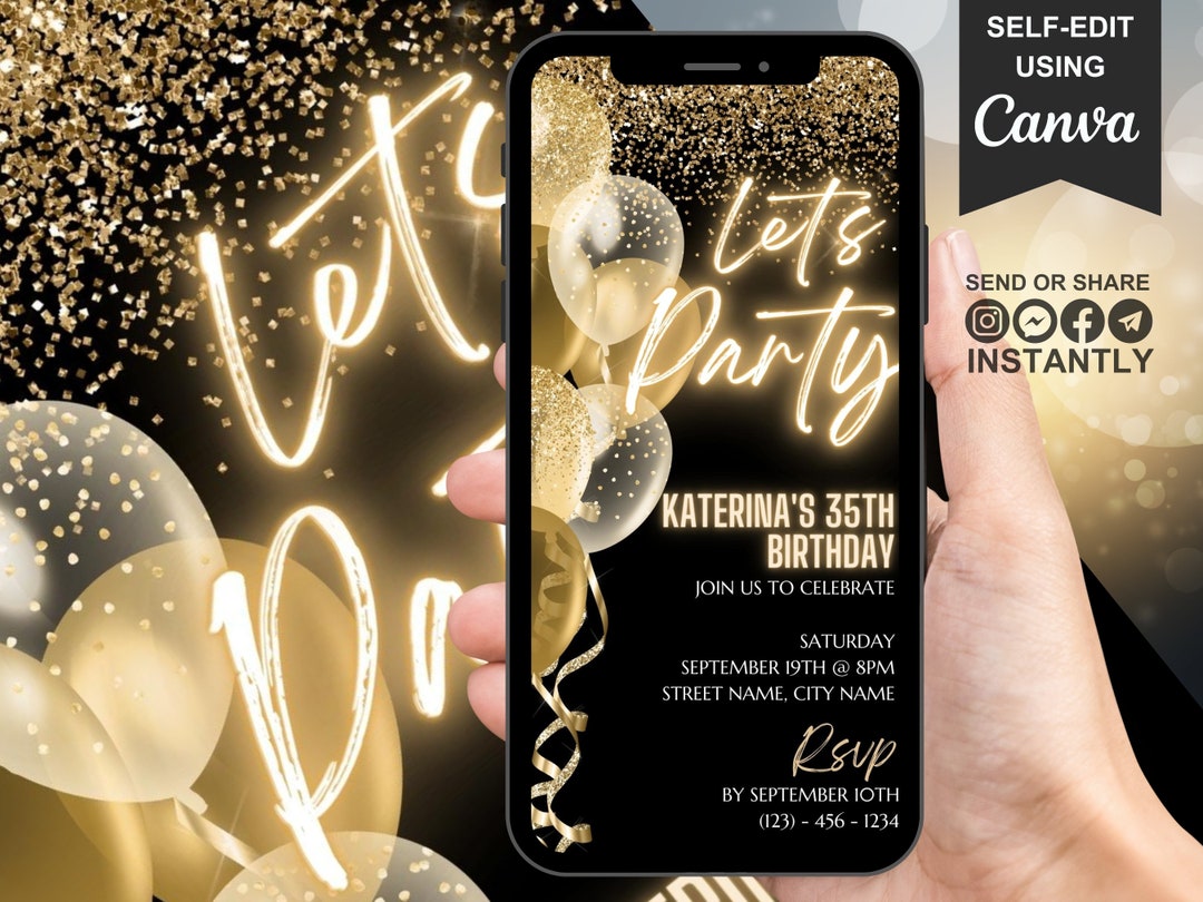 Digital 35th Birthday Invitation, Animated Lets Party Dinner Party Invite for Her, Black Gold ...
