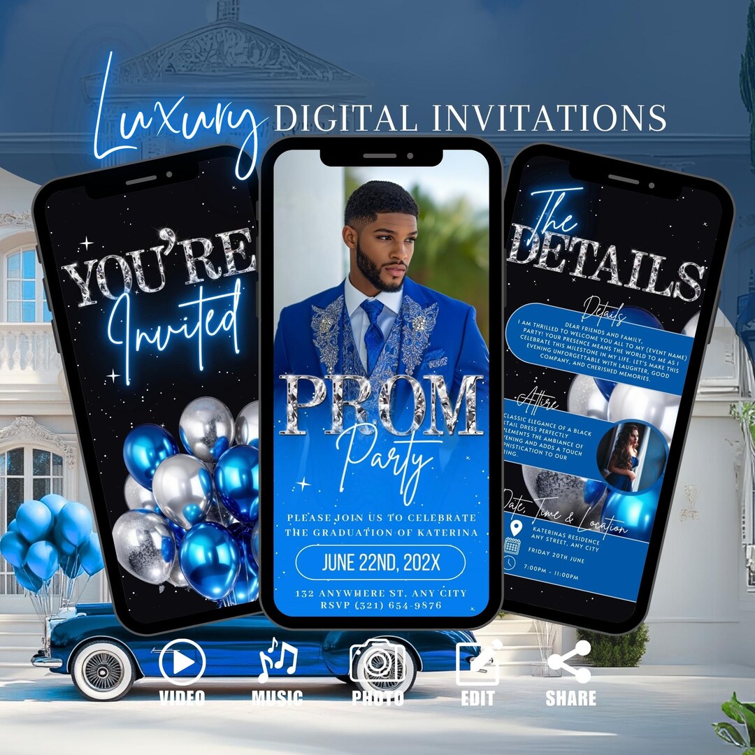 Digital Prom Party Invitation, Blue Mens Prom Send off Invite, Animated ...