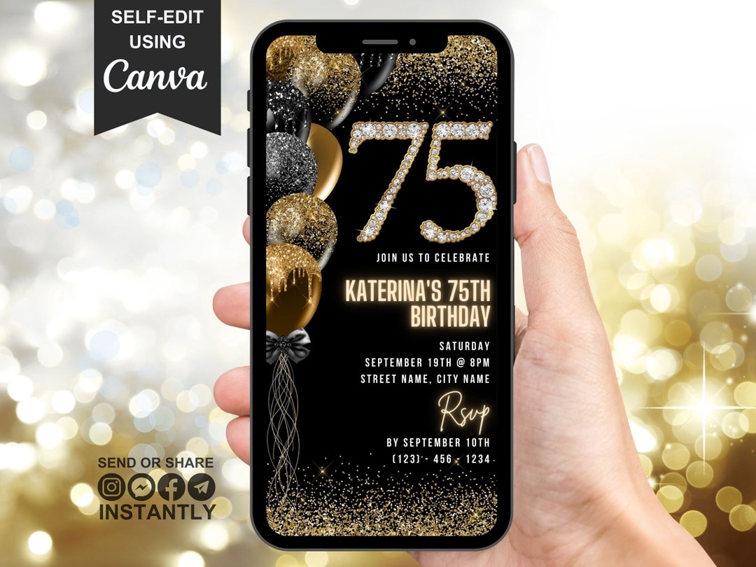 Digital 75th Birthday Party Invitation, Animated Black Gold Dinner ...