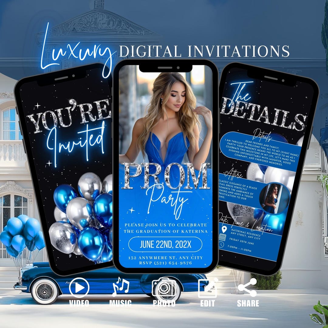 Digital Prom Party Invitation, Blue Womens Prom Send off Invite ...