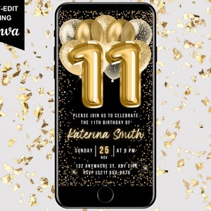 11th Birthday Digital Invitation, Electronic Birthday Party Invite ...