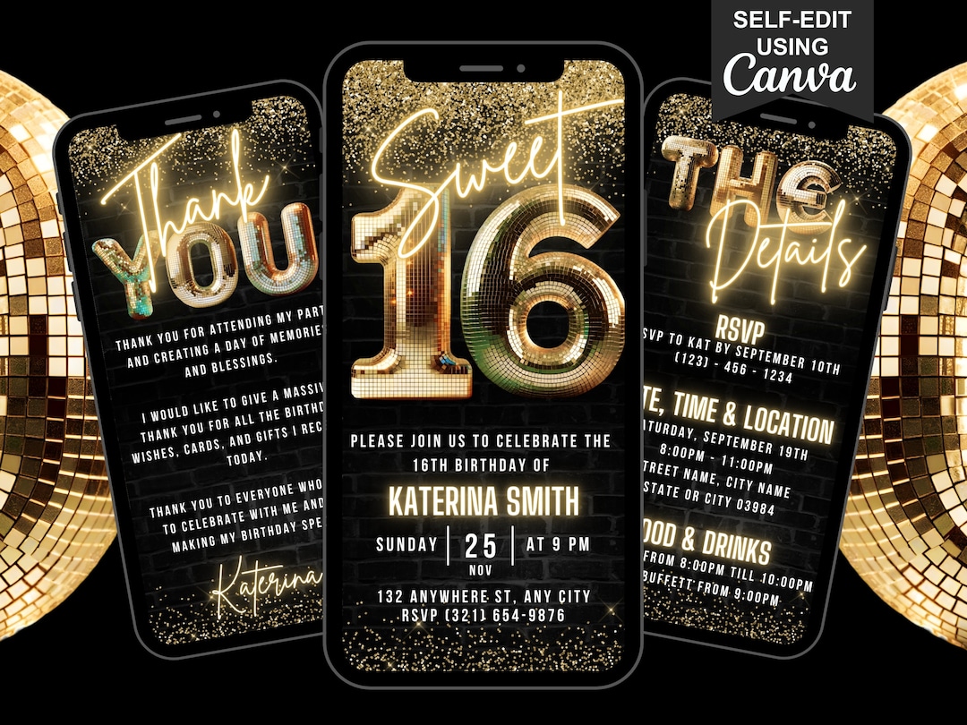 Digital Sweet 16th Birthday Invitation, Animated 16th Birthday Party ...