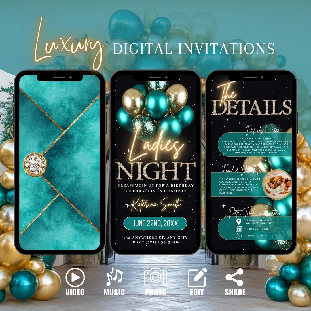 Digital Ladies Night Invitation, Animated Teal Gold Girls Birthday ...