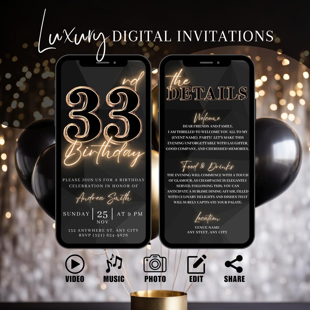 33rd Birthday Party Invitation, Digital Black Gold Dinner Invite for ...