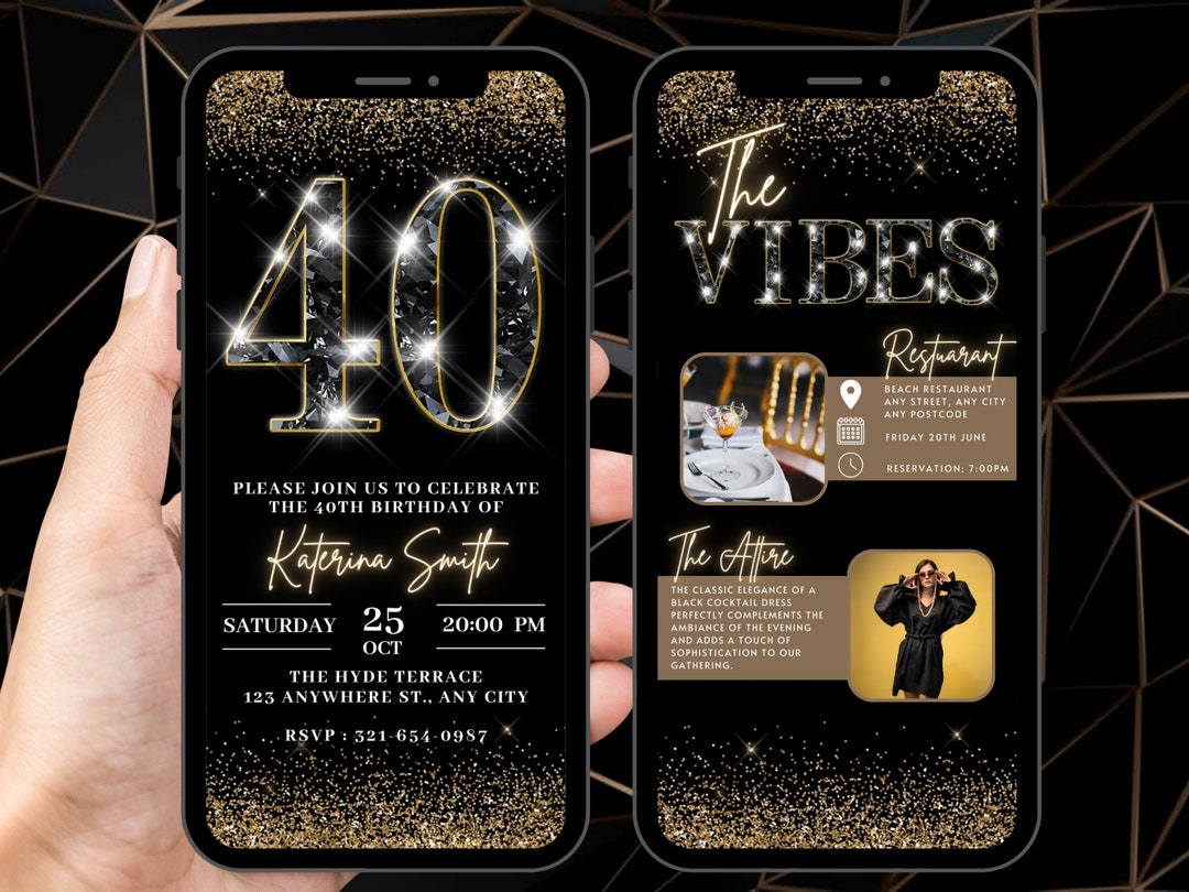 Digital 40th Birthday Invitation, Animated Black Gold 40 Glam Diamond ...