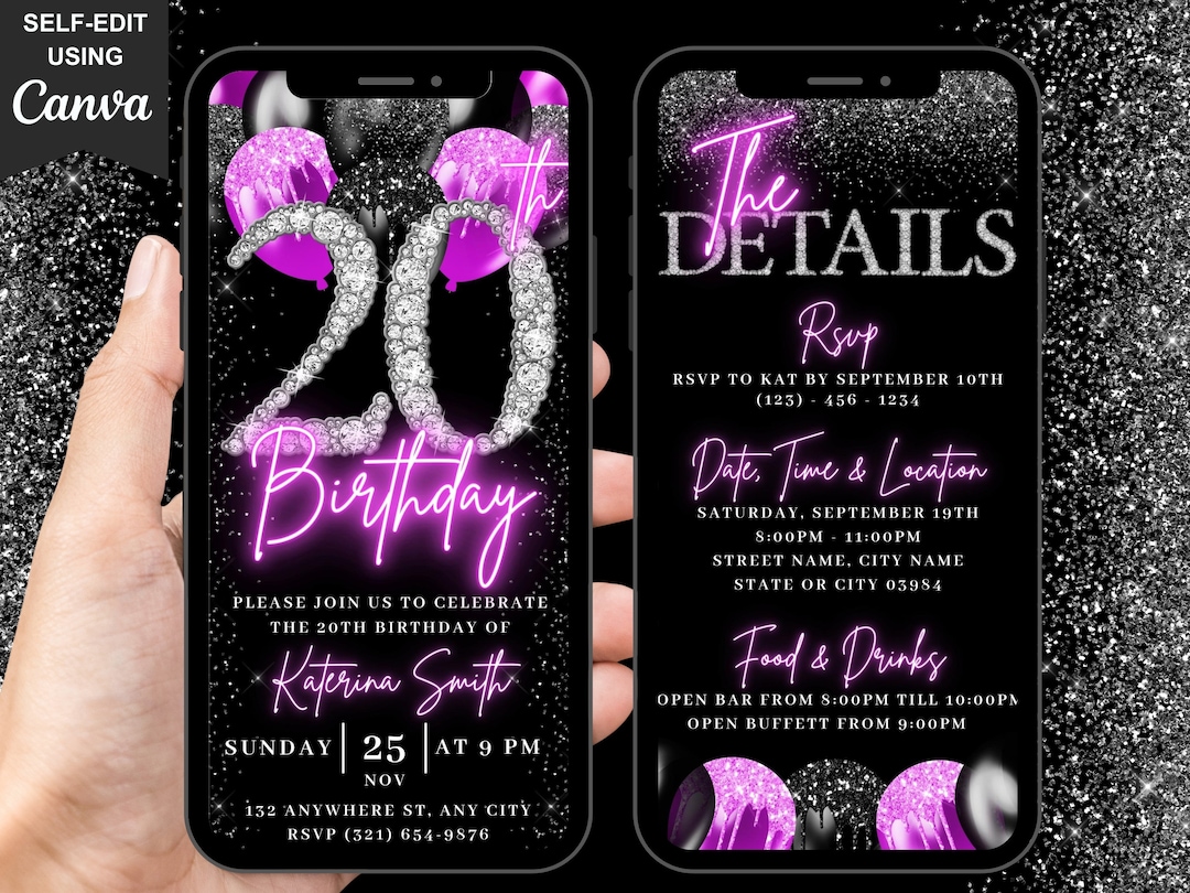 Digital 20th Birthday Invitation, Animated 20th Pink Black Invite for ...