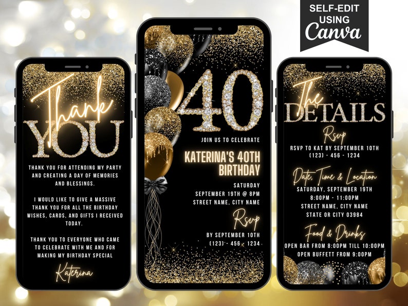Digital 40th Birthday Invitation 40th Glam Invite Black Gold - Etsy ...
