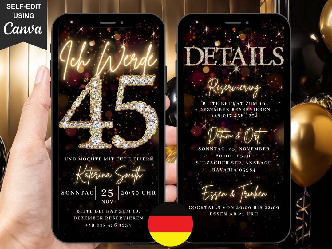 German Digital 45th Birthday Invitation, Animated Brunch Invite for ...