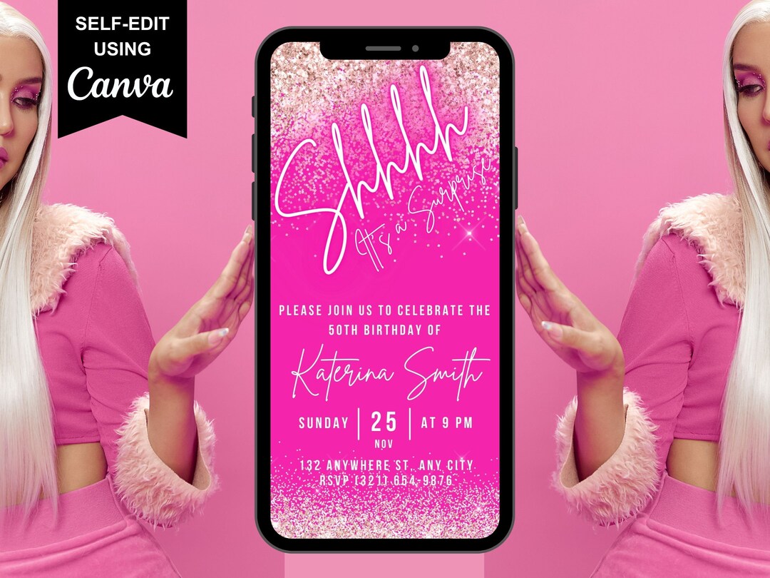 Digital Pink Glitter Surprise Birthday Invitation, Electronic Virtual ...