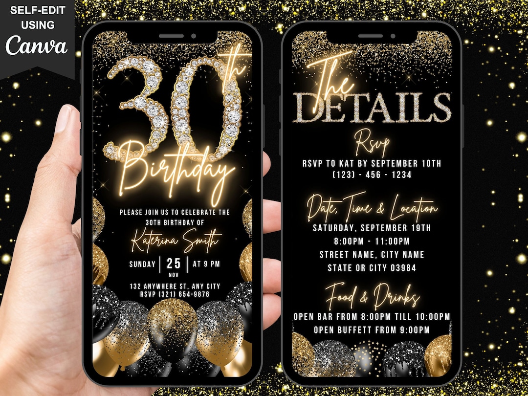 Digital 30th Birthday Invitation, Animated 30th Black Gold Silver ...