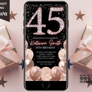 45th Birthday Digital Invitation, Electronic 45th Birthday Party Invite ...