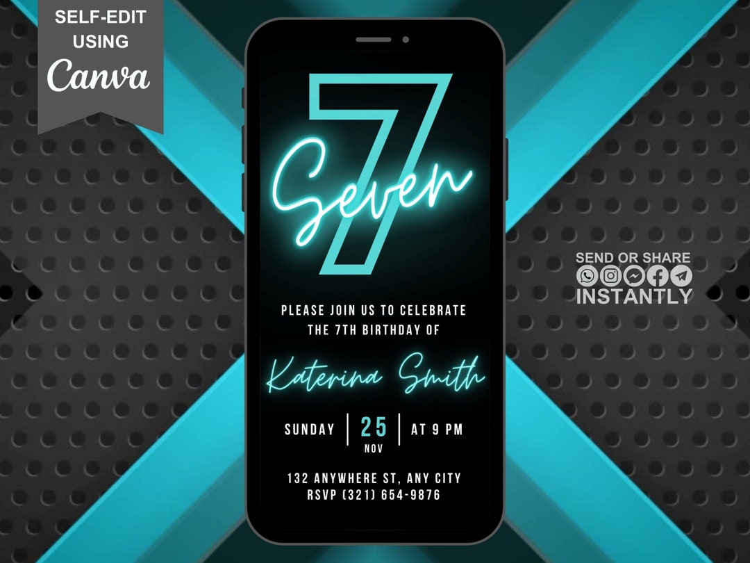 Digital 7th Birthday Party Blue Neon Invitation Electronic - Etsy