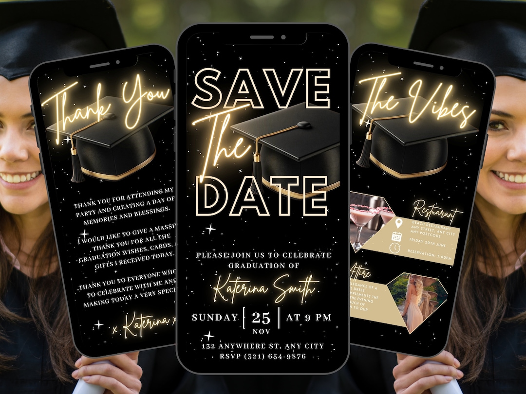Digital Save the Date Graduation Invitation, Animated Gold College ...