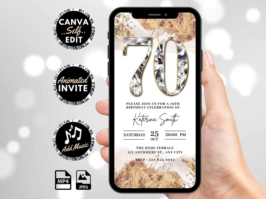 Digital 70th Birthday Invitation, Animated Gold White Silver Glam ...