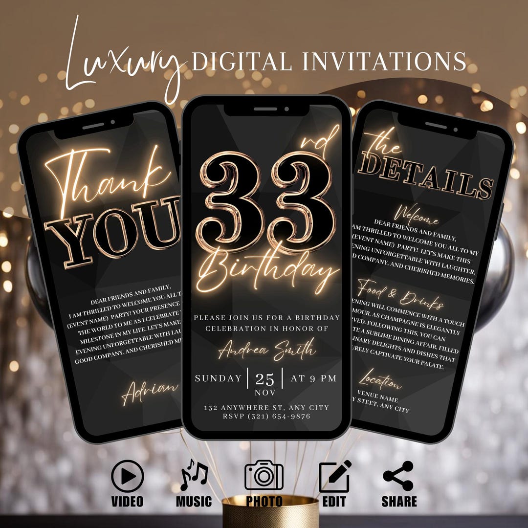 Digital 33rd Birthday Party Invitation, Animated Black Gold Dinner ...