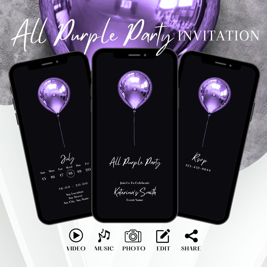 Elegant All Purple Party Invitation, Minimalist Animated Birthday ...