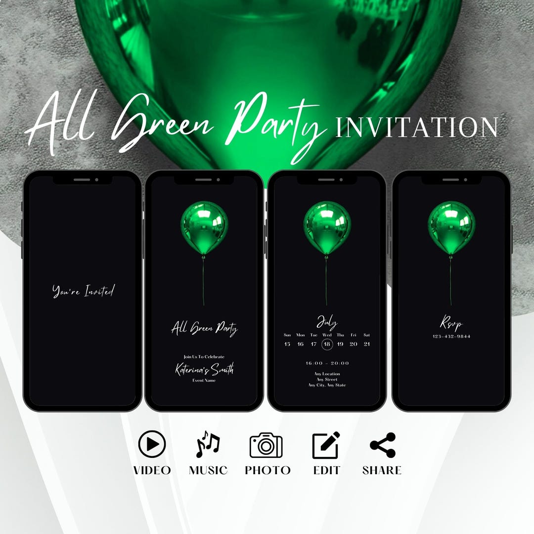 Minimalist All Green Party Invitation, Elegant Animated Birthday Invite ...