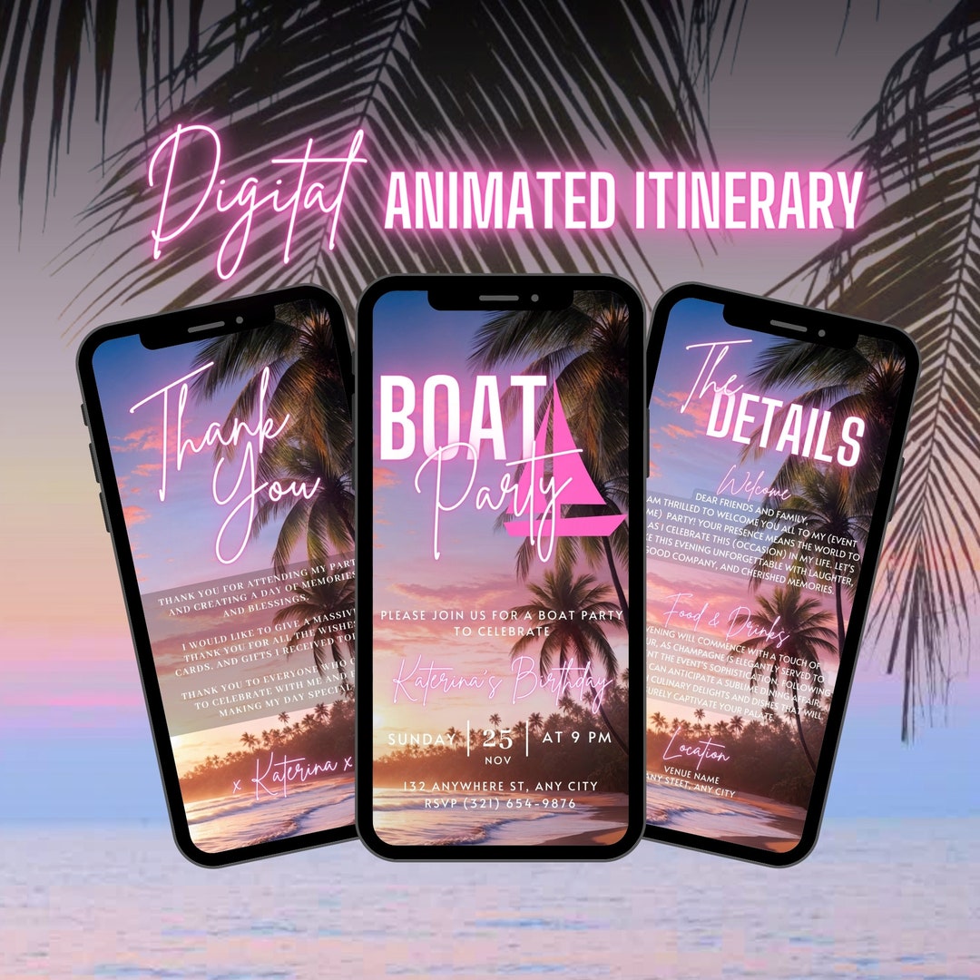 Digital Boat Party Invitation, Animated Yacht Party Invite, Pink Palm ...