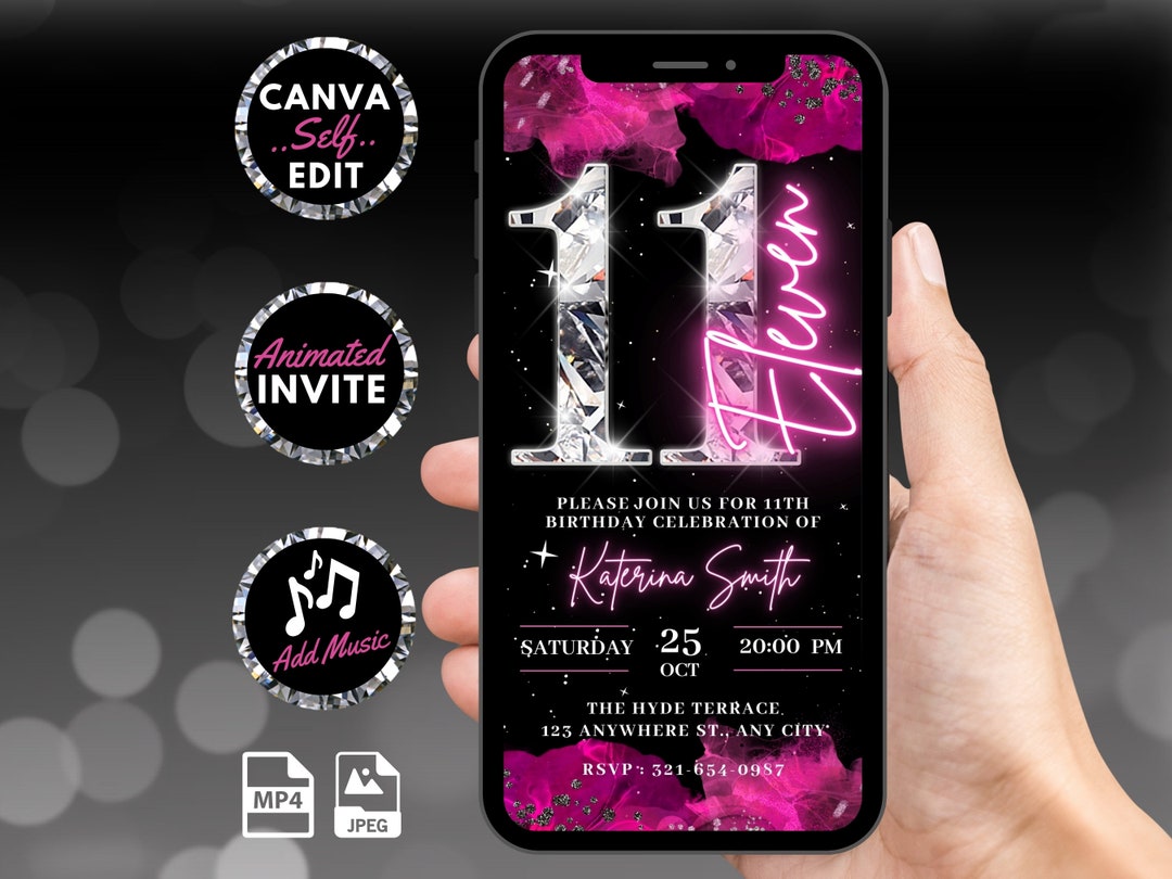 Digital 11th Birthday Invitation, Animated Hot Pink Eleven Party Invite ...