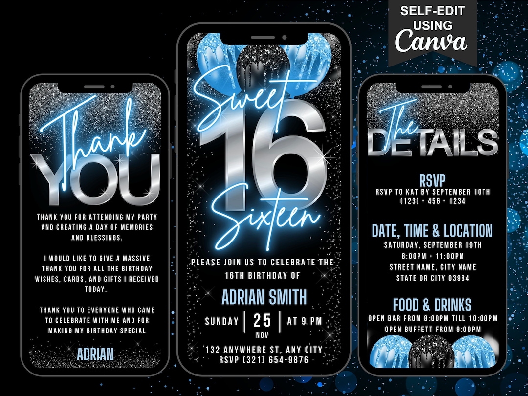 Digital Sweet 16 Birthday Invitation, 16th Party Invite, 16th Bday ...