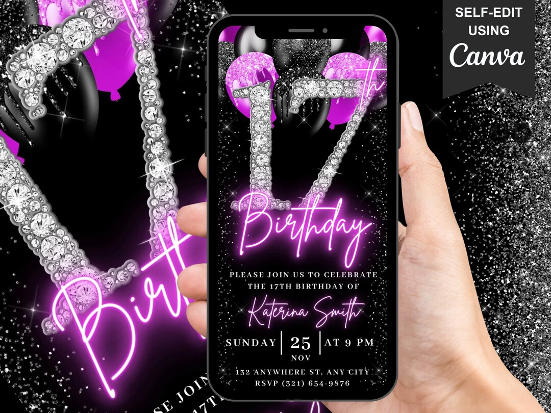 Digital 17th Birthday Invitation, Animated 17th Pink Invite for Teens ...