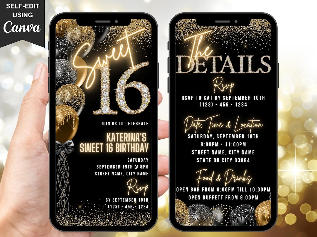 Digital Sweet 16 Invitation, Animated Sweet Sixteen Black Gold Party ...