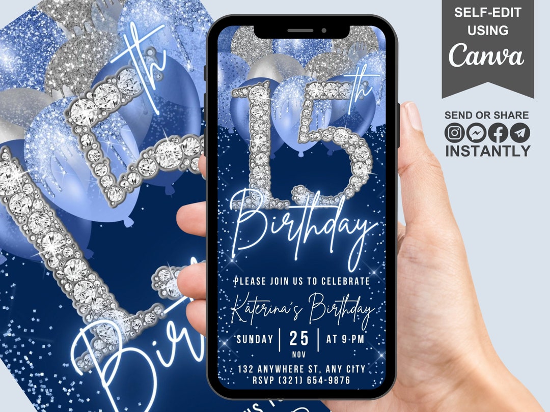 Digital 15th Birthday Invitation, Animated 15th Blue Silver Invite for ...