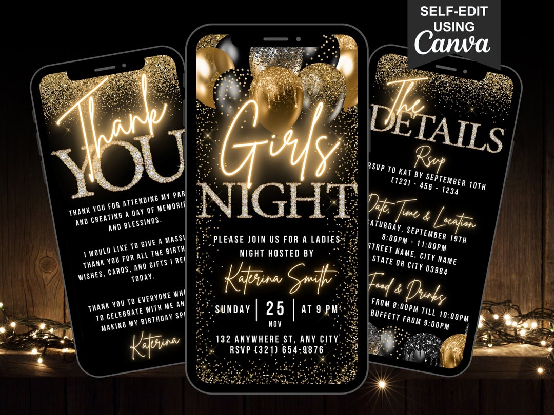 Digital Girls Night Out Invitation, Animated Fun Gold Black Birthday ...