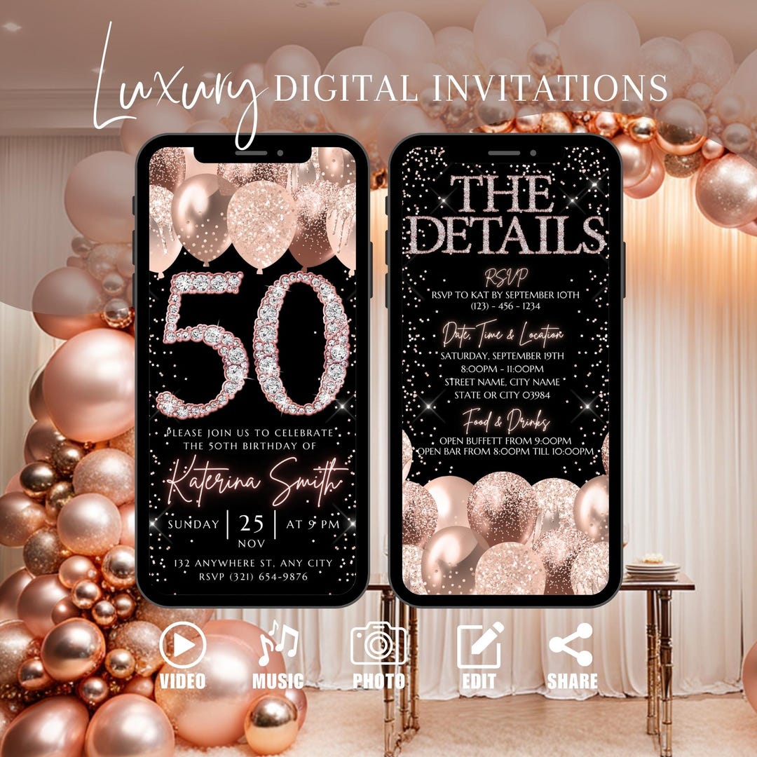 Digital 50th Birthday Invitation, Animated Dinner Party Evite, Rose ...