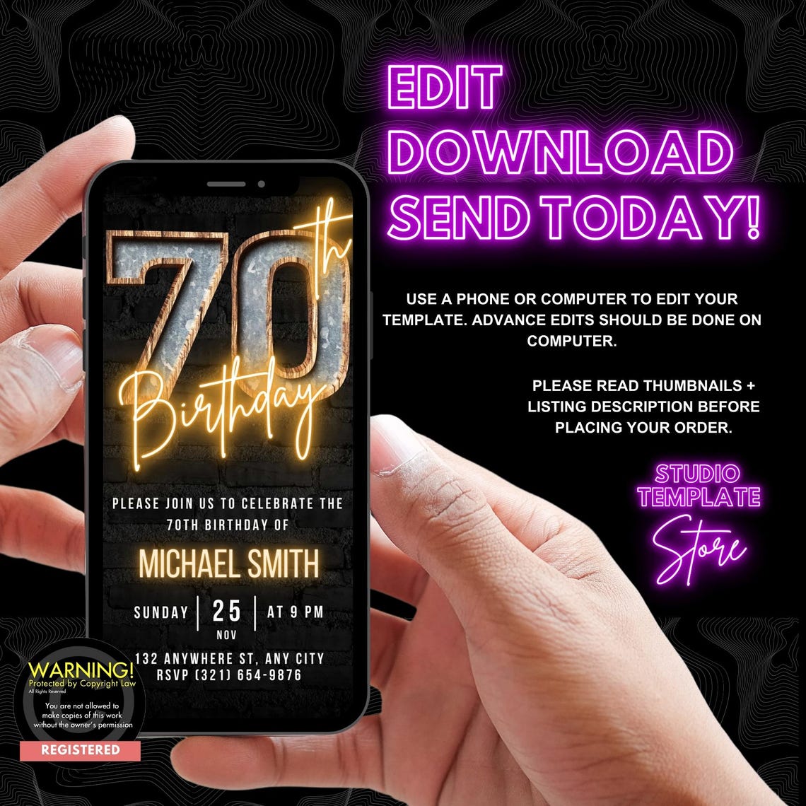 Digital 70th Birthday Invitation for Men, 70 Invite Ecard, Rustic ...