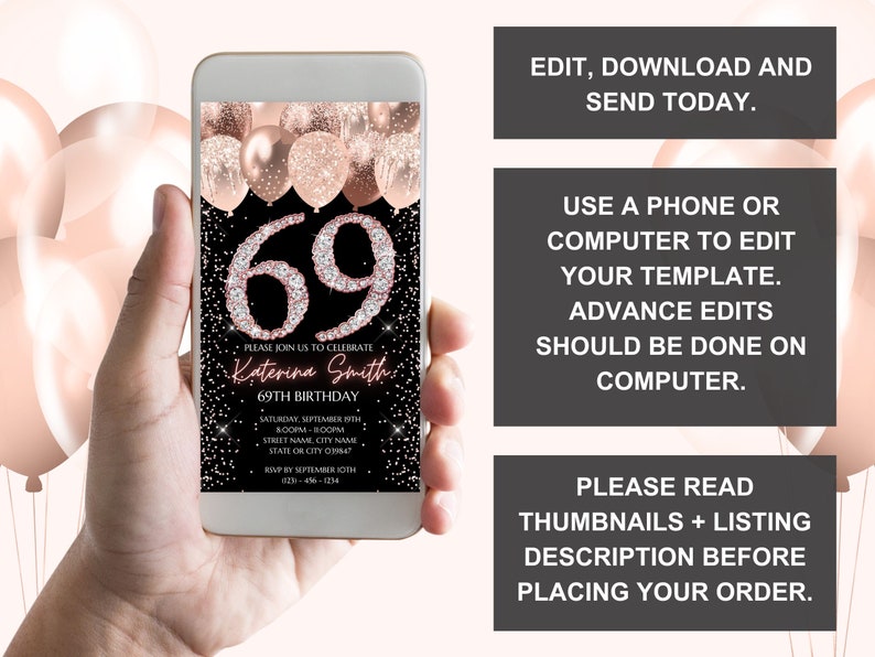 Digital 69th Birthday Invitation, Electronic 69th Birthday Party Invite ...