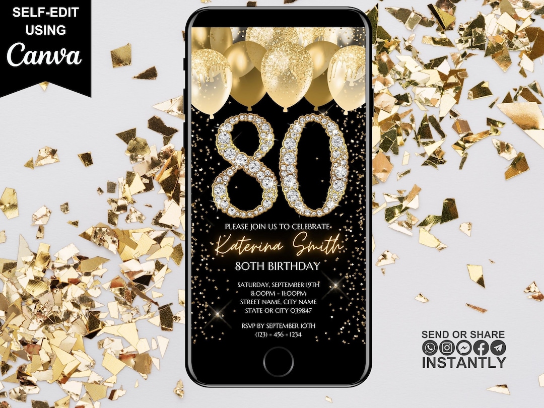 Digital 80th Birthday Party Invitation Electronic Phone Text Evite