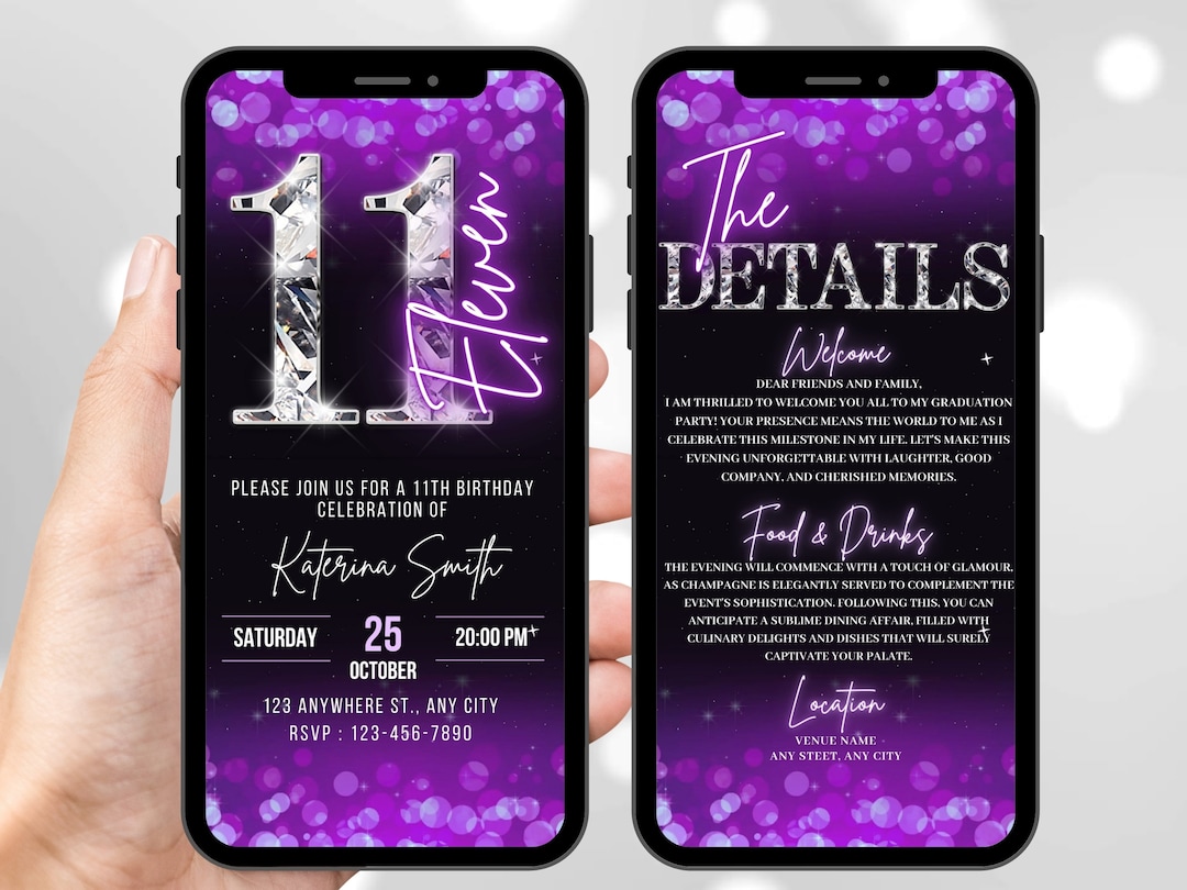 Digital 11th Birthday Invitation, Animated Purple Turning 11 Party ...