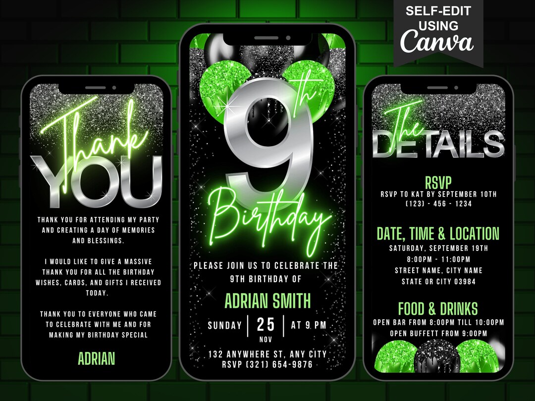 Green 9th Birthday Invitation, Digital Boys Party Invite, Editable Neon ...