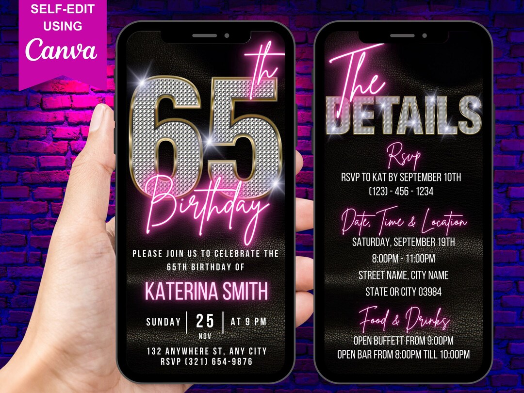 Digital 65th Birthday Invitation, Animated 65th Pink Bling Invite ...