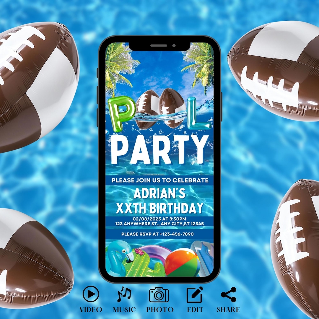 Digital Football Pool Party Invitation. Digital Animated Teen & Kids ...