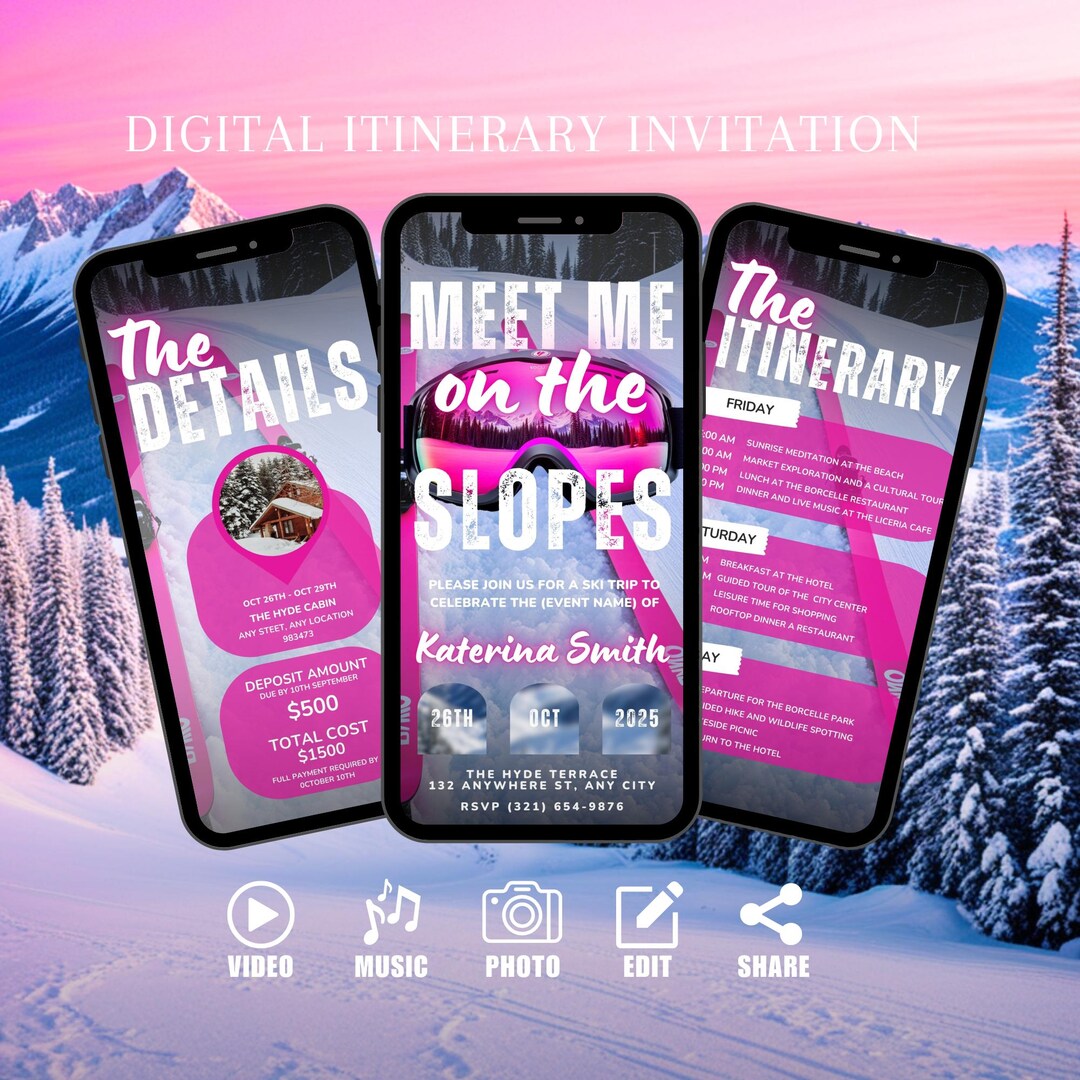 Digital Ski Weekend Invitation, Bachelorette Snowboard Meet Me on the ...