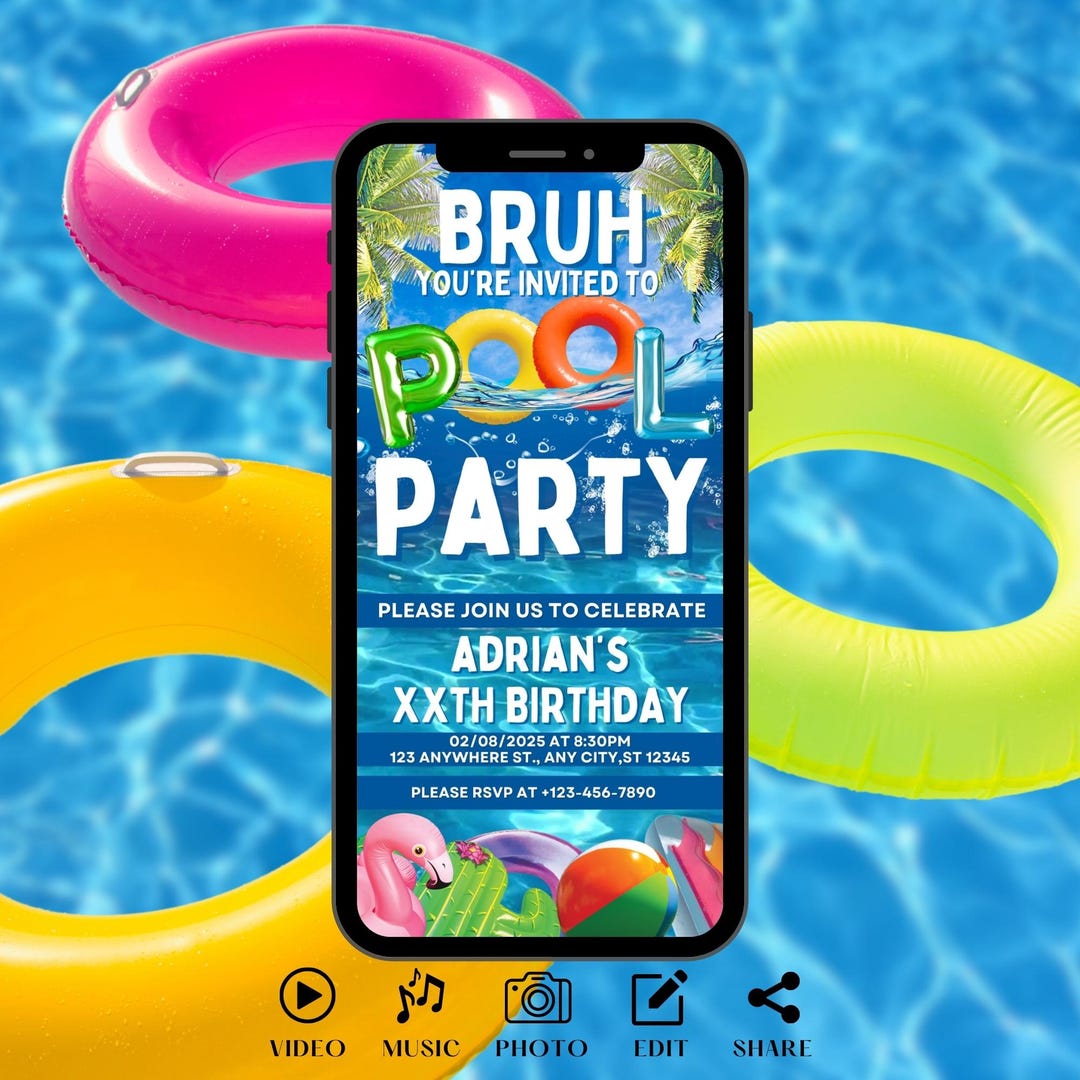 Digital Bruh Pool Party Invitation. Boys Birthday Summer Invite ...