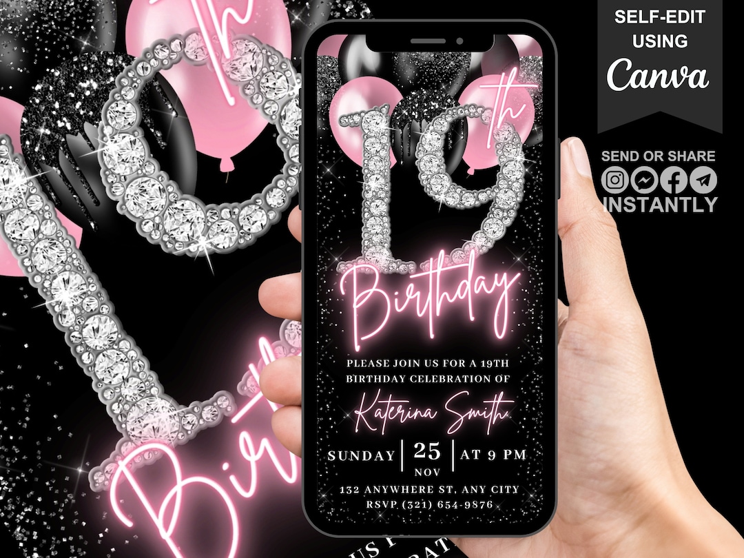 Digital 19th Birthday Invitation, Animated Blush Pink Girls 19 Diamond ...
