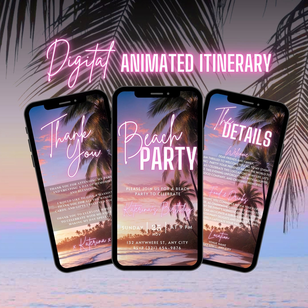 Digital Beach Party Invitation, Animated Bonfire Invite, Pink Palm ...