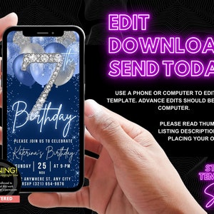 7th Digital Flyer Birthday Invitation, Animated Turning 7 Blue Silver ...