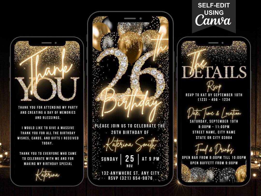 Digital 26th Birthday Invitation, 26 Invite, Animated Black Gold ...