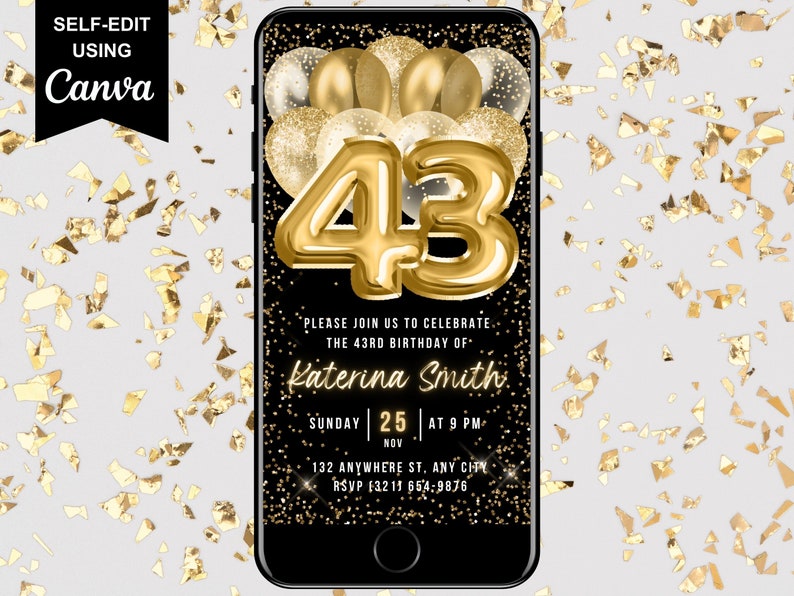 43rd Birthday Invitation, Digital Gold Black Party Invite, Editable ...