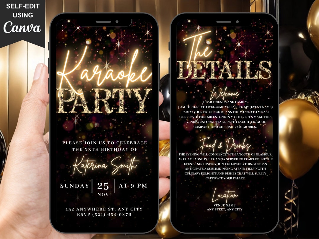 Digital Karaoke Gold Invitation, Animated Birthday Music Night Party ...