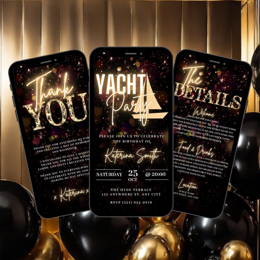 Digital Yacht Party Invitation, Boat Party Video Invite, Black Gold ...